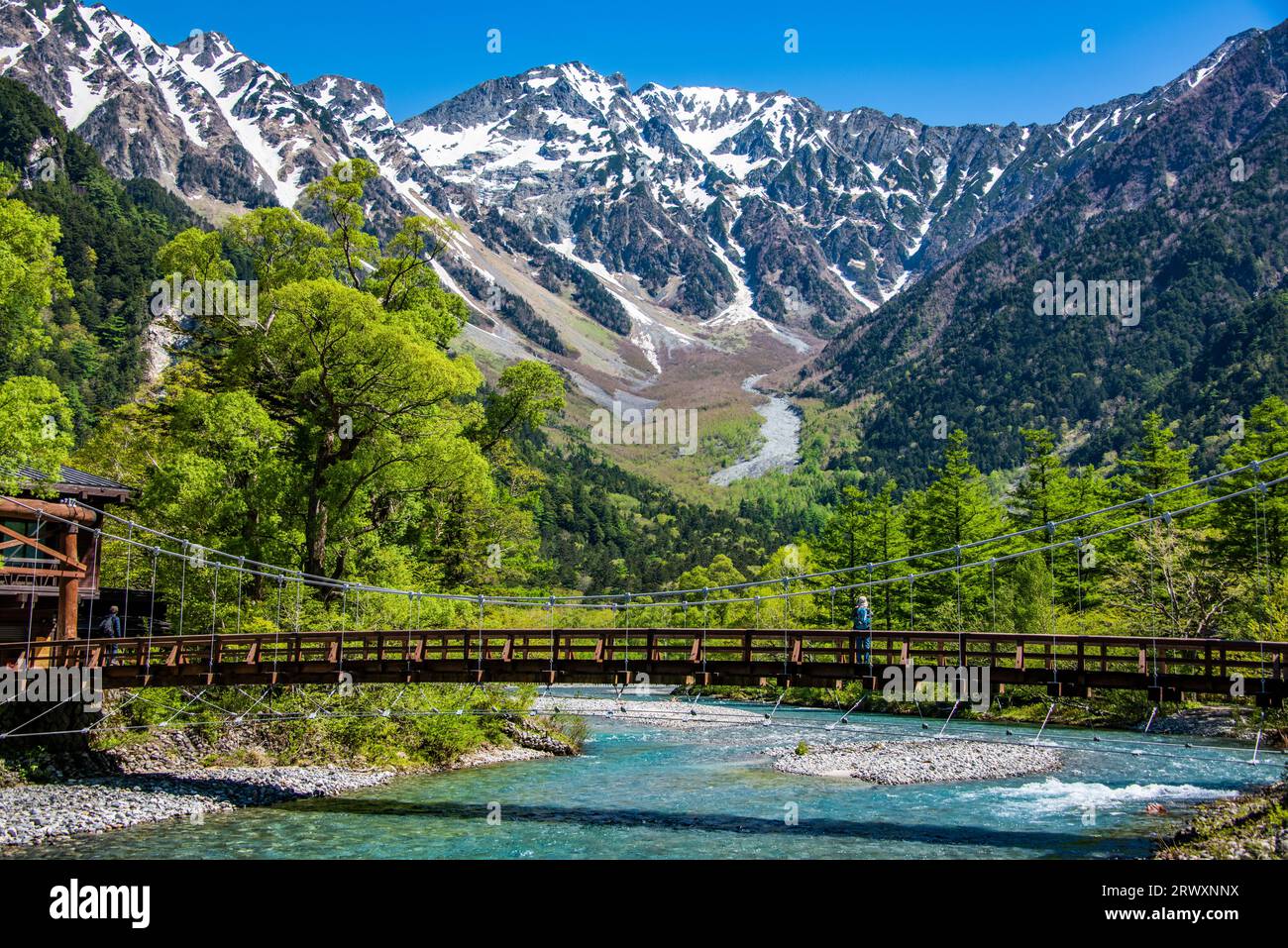Kamikochi: New green Hotaka mountain range and Azusa River Stock Photo ...