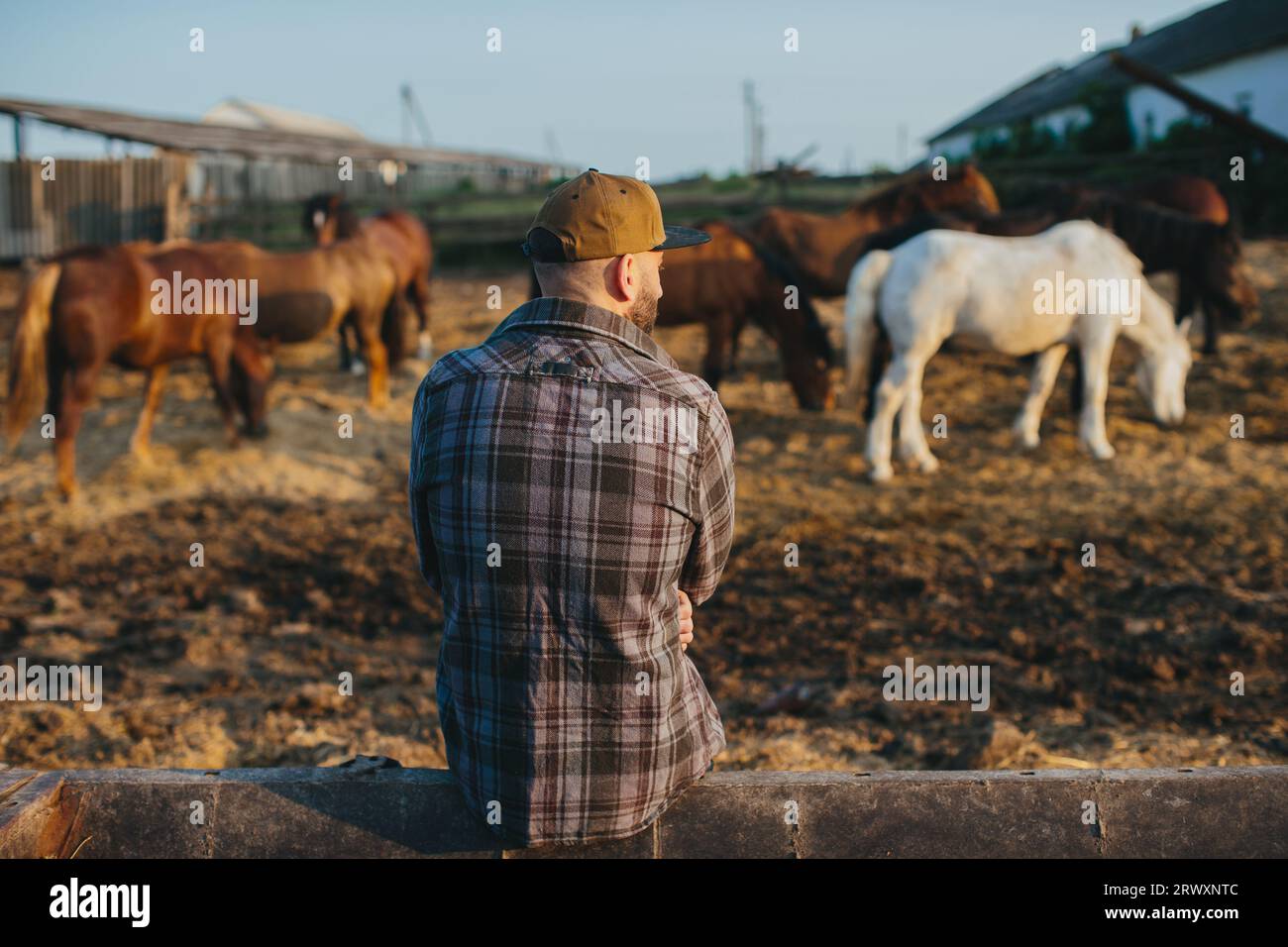 Portrait of a young farm worker, on the background of a fence with ...