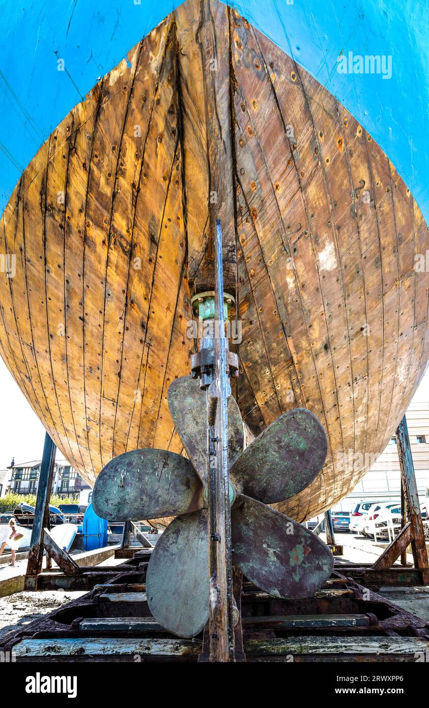 Hondarribia, Gipuzkoa, Spain- August 13, 2023::Rusty propeller and hull ...
