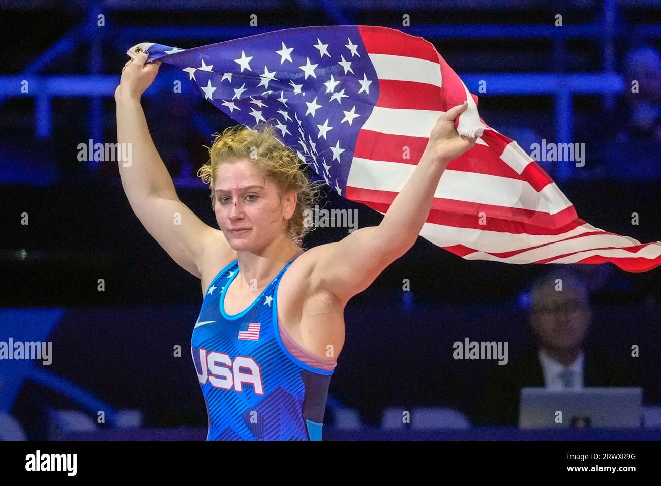 Amit Elor of U.S. celebrates defeating Davaanasan Enkh Amar of Mongolia ...