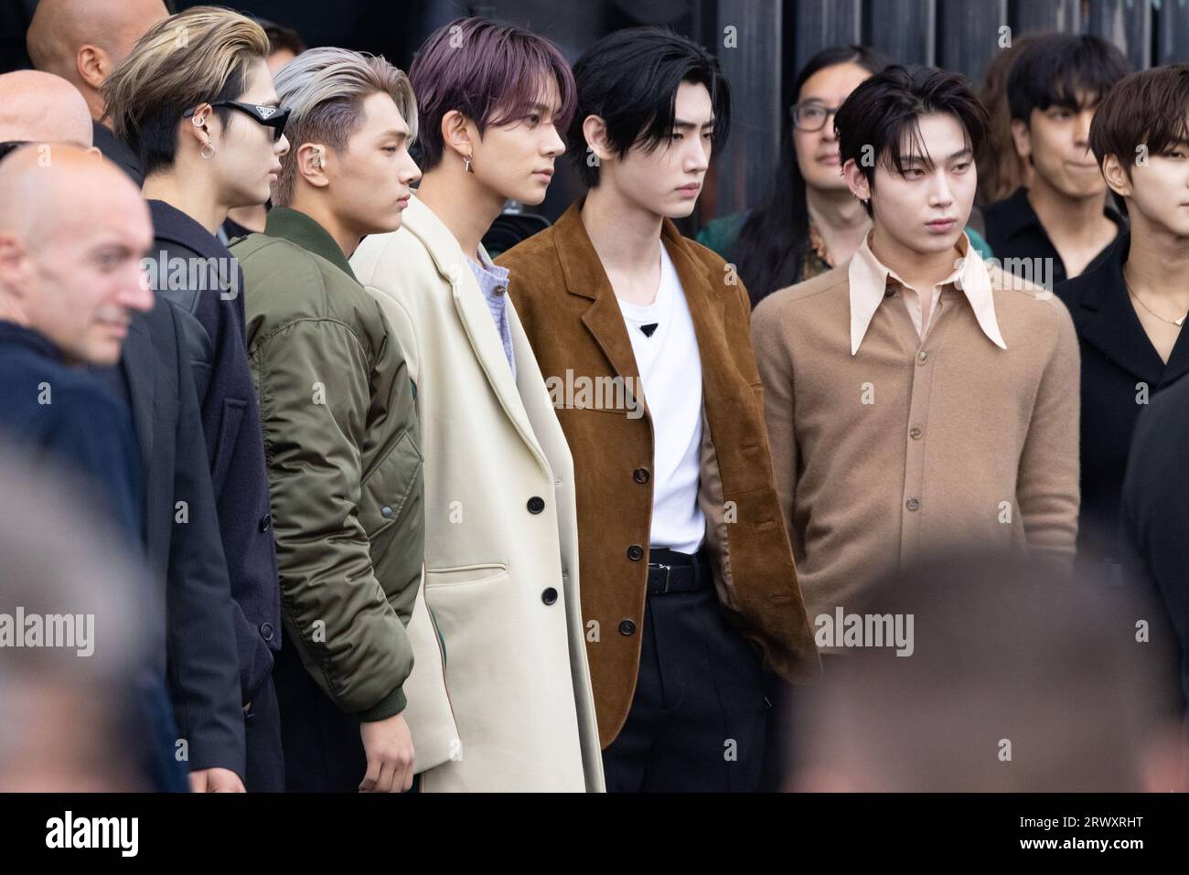 Milan, Italy. 21st Sep, 2023. Enhypen band arrives at the Prada fashion ...