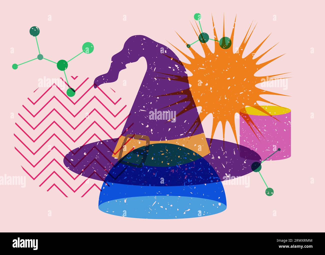 Risograph Halloween Witch's Hat and geometric shapes. Holiday in trendy ...