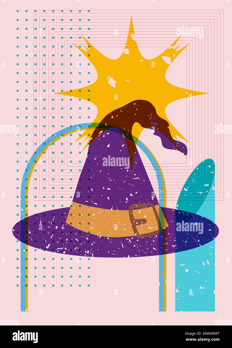 Risograph Halloween Witch's Hat and geometric shapes. Holiday in trendy ...