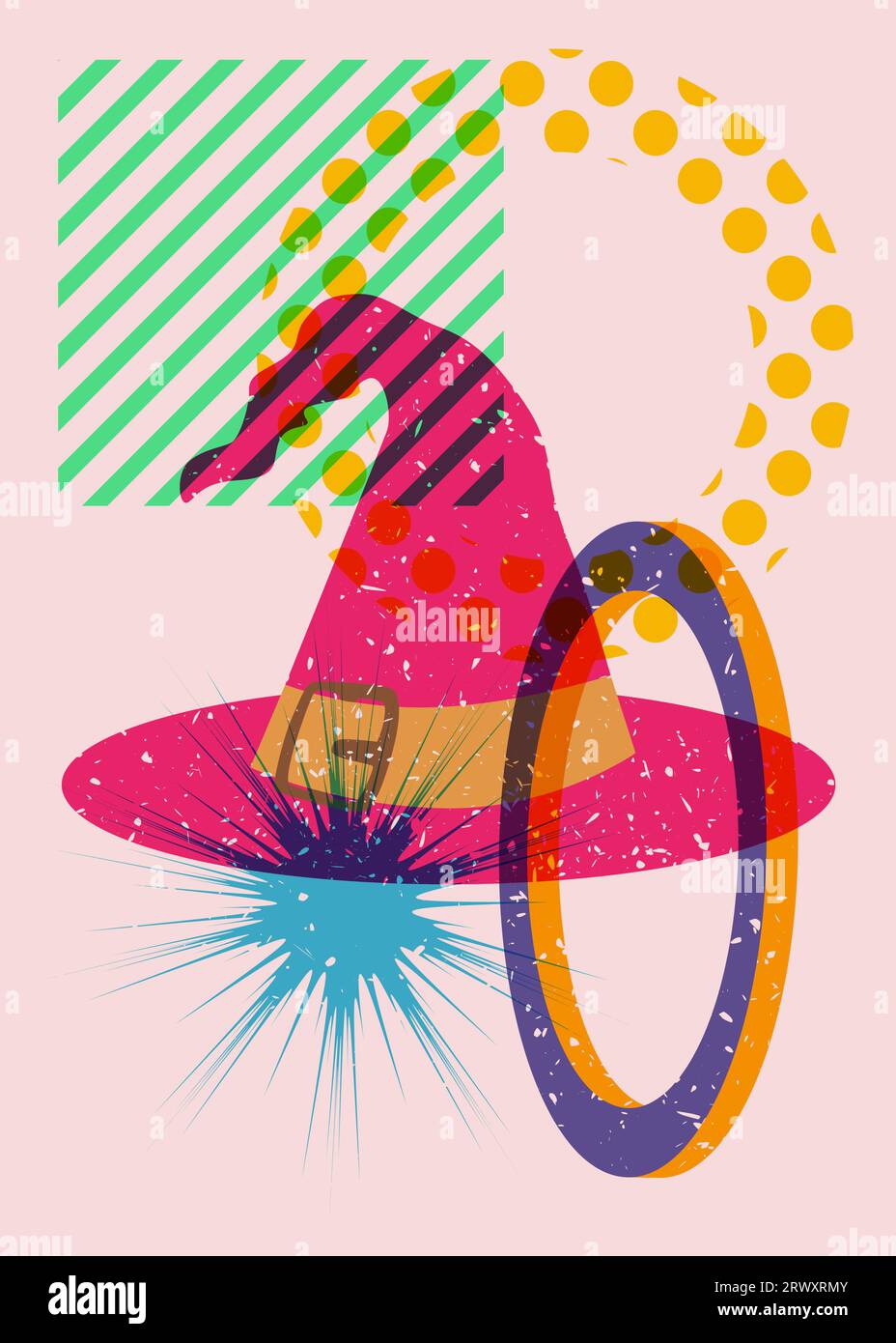 Risograph Halloween Witch's Hat and geometric shapes. Holiday in trendy ...