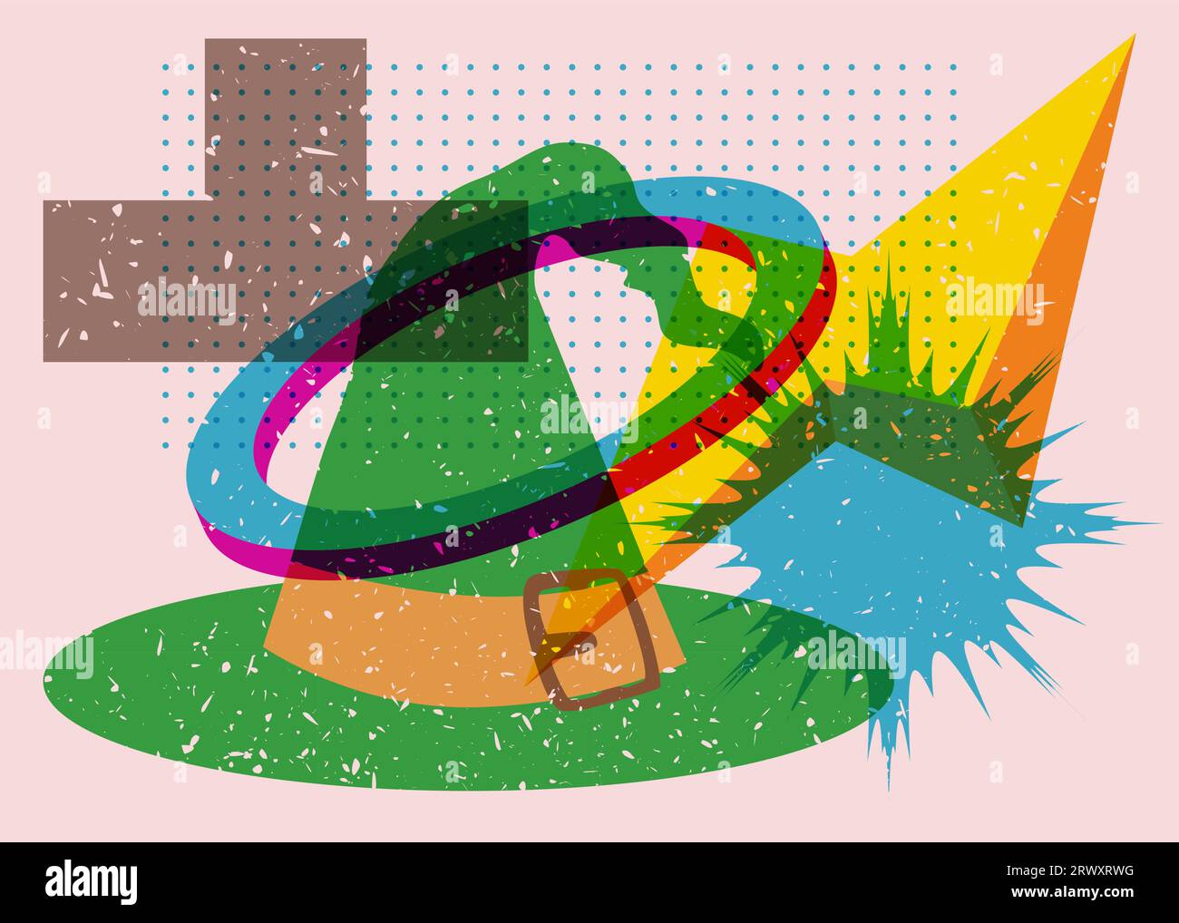 Risograph Halloween Witch's Hat and geometric shapes. Holiday in trendy ...