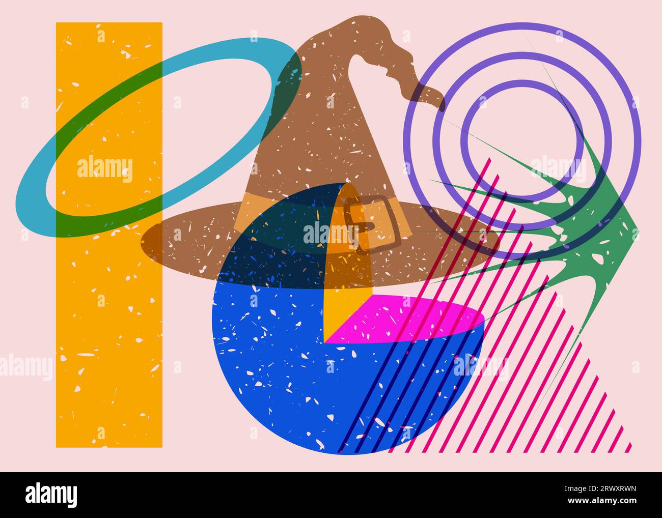 Risograph Halloween Witch's Hat and geometric shapes. Holiday in trendy ...