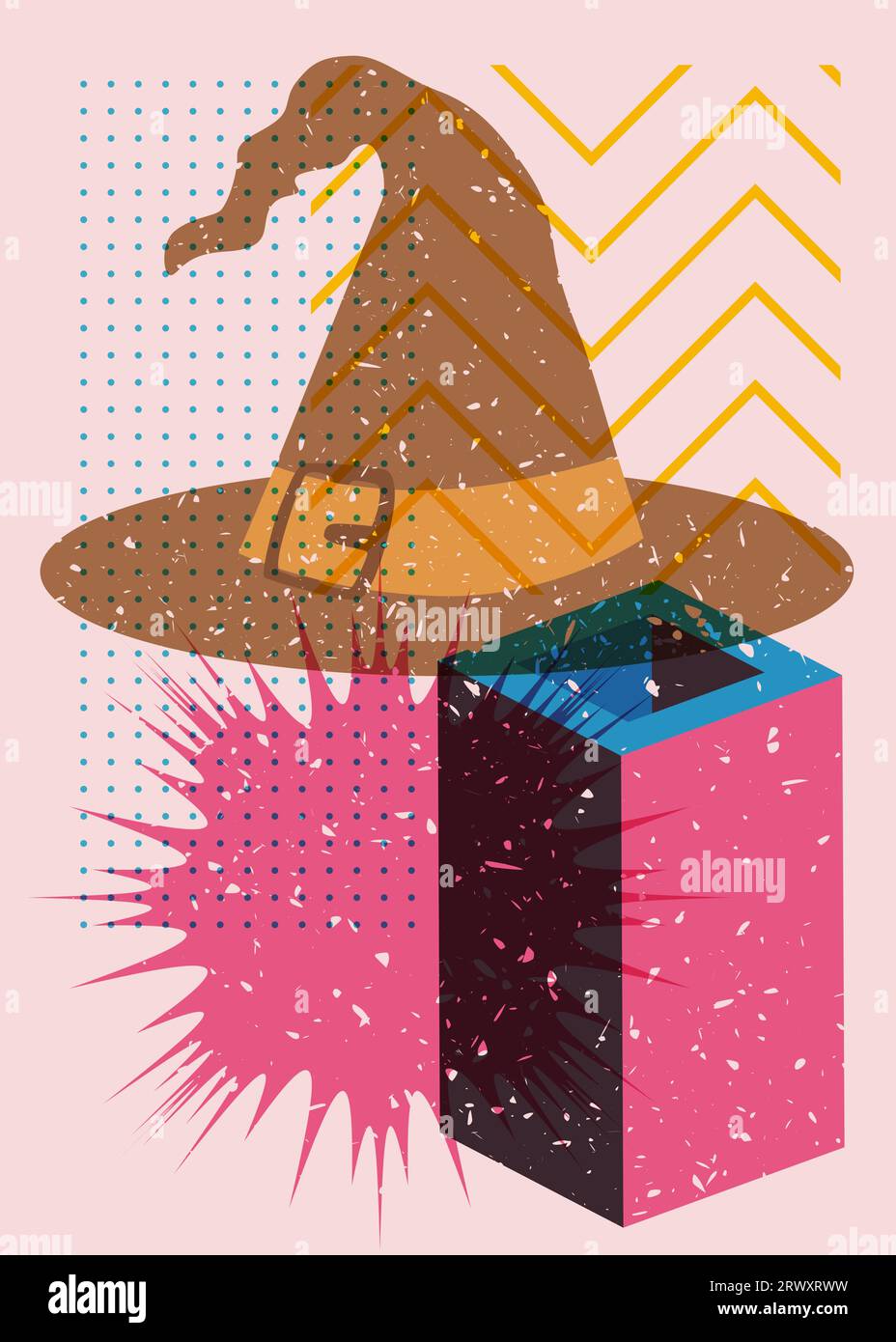 Risograph Halloween Witch's Hat and geometric shapes. Holiday in trendy ...