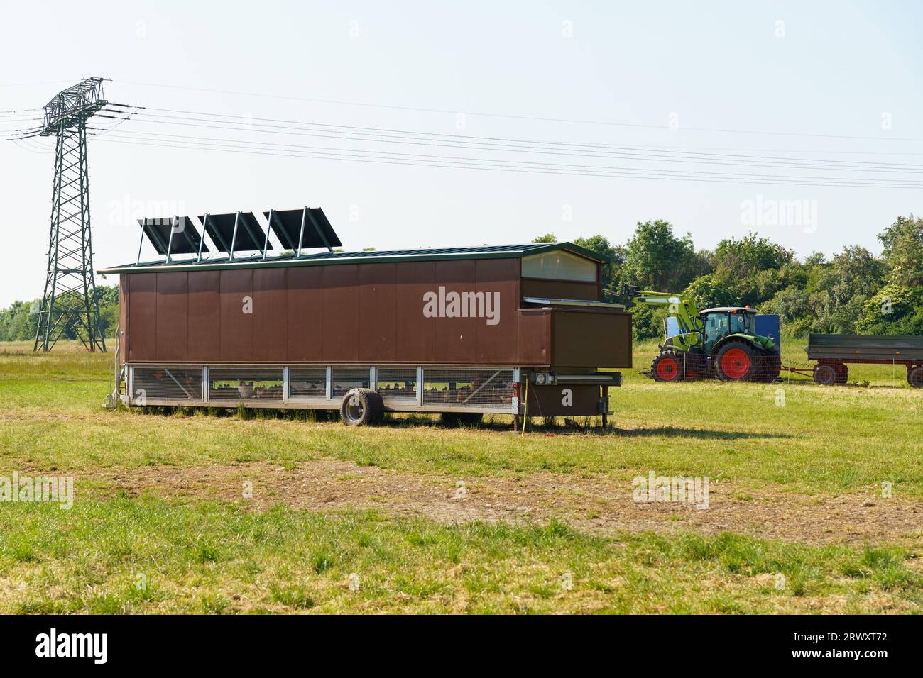 Mobile farm for growing laying hens. Mobile poultry farming Stock Photo ...