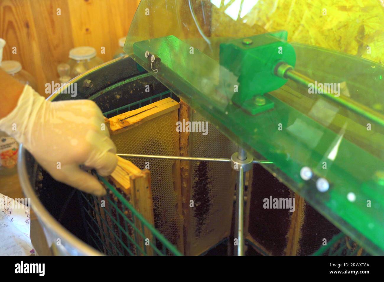 The beekeeper installs nesting frames with honey in the honey extractor to pump out honey. Close ...
