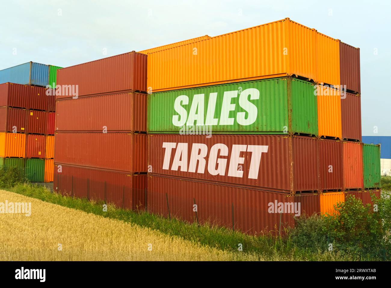 Business concept. On colored containers for the carriage of goods, the ...