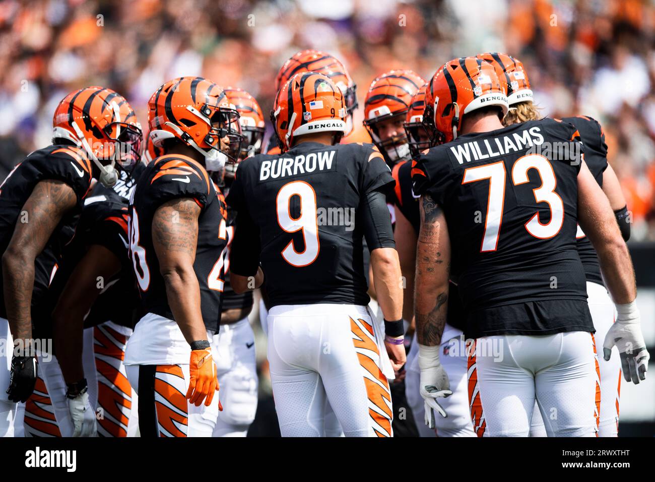 Cincinnati Bengals quarterback Joe Burrow (9) huddles with teammates ...