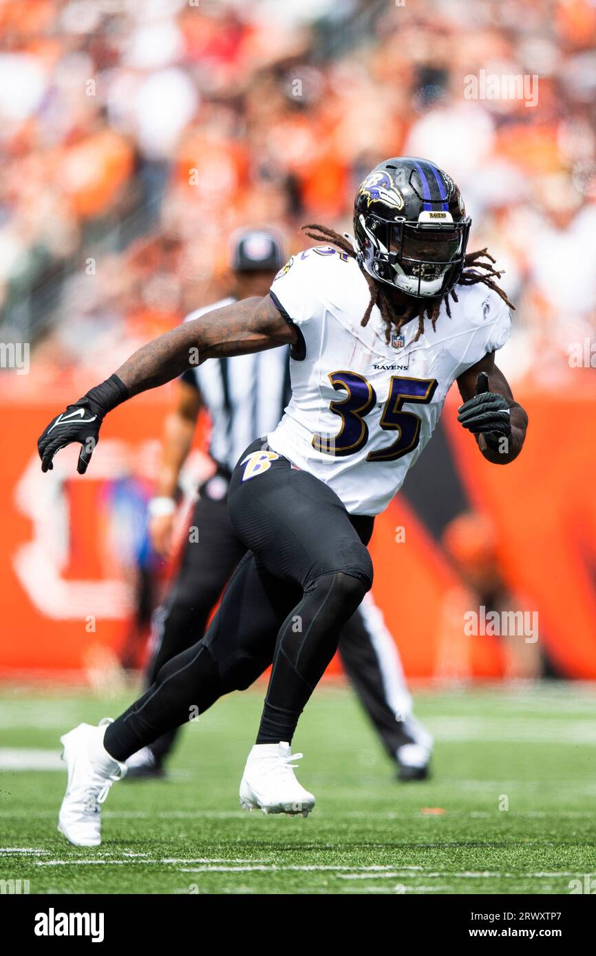 Baltimore Ravens running back Gus Edwards (35) runs for the play during ...
