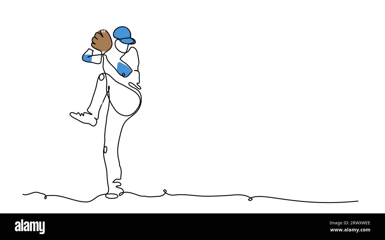 Baseball player pitcher throws the ball. One continuous line art ...