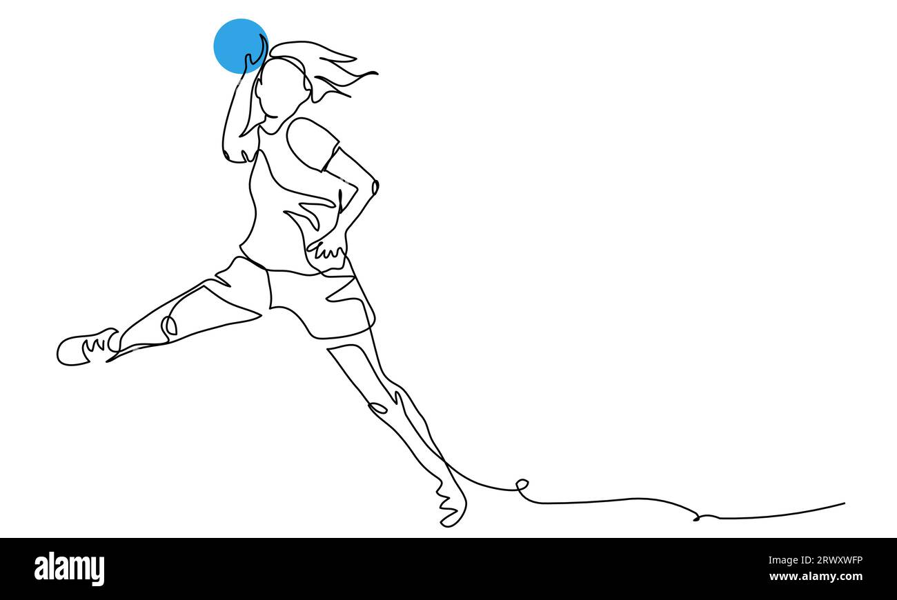 Handball player female throws the ball. One continuous line art drawing ...