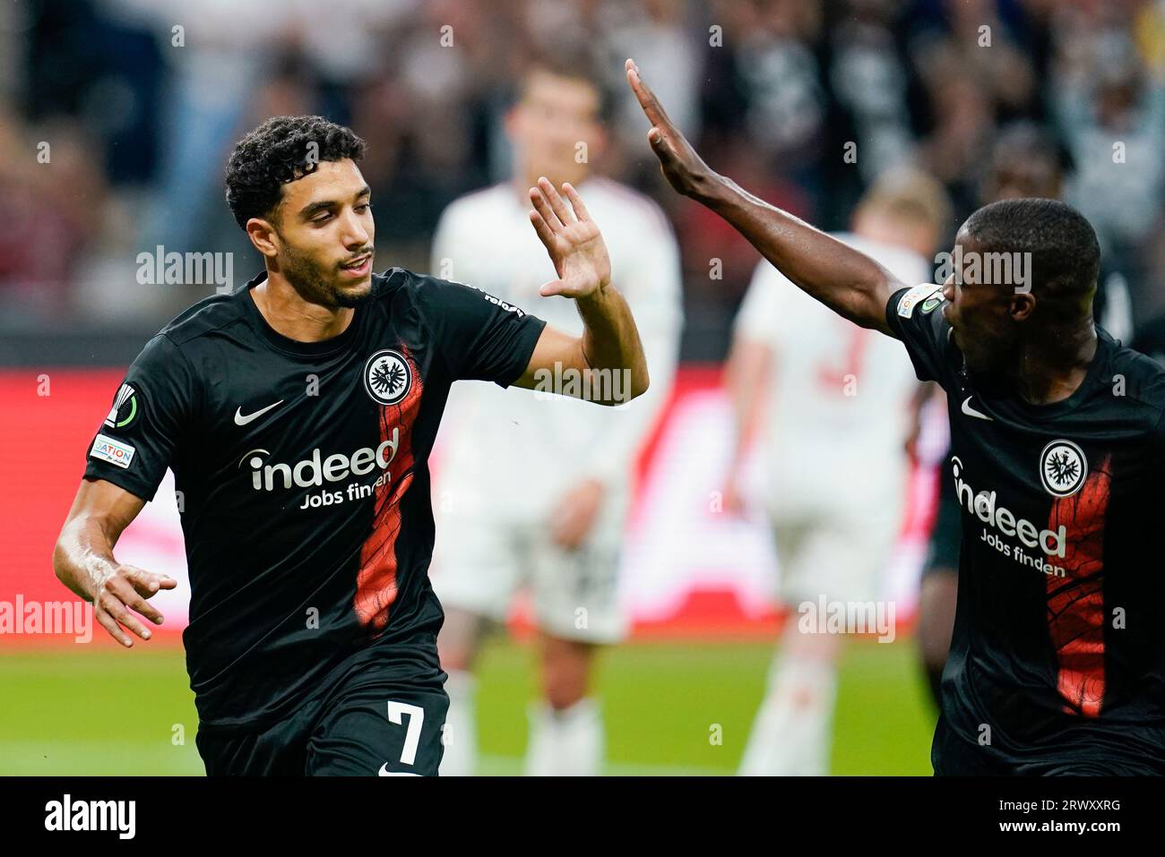 Eintracht Frankfurt's Omar Marmoush celebrates scoring the penalty goal ...