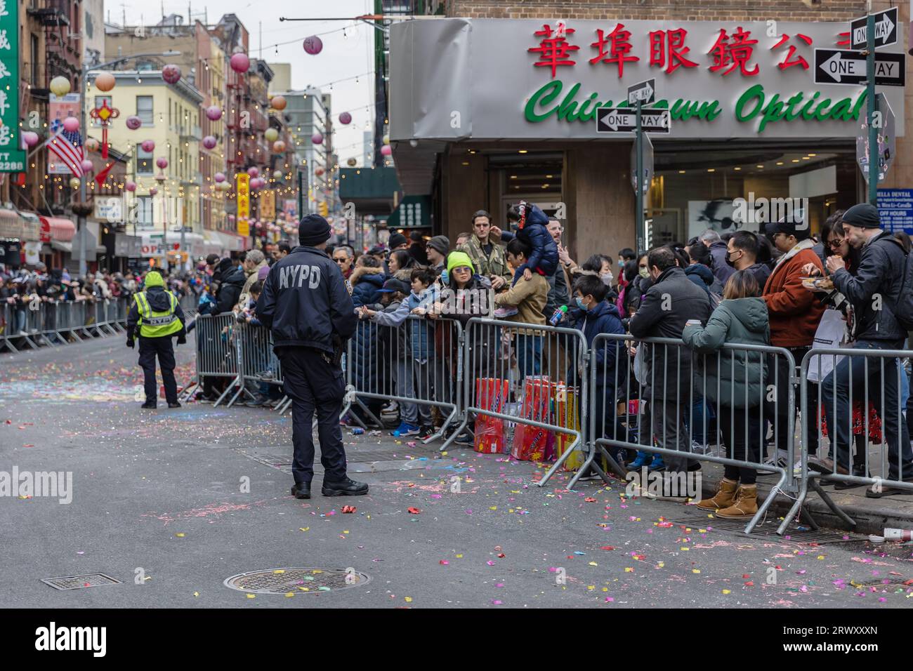 New York, Chinatown, USA - February 12, 2023: Policemen watching in Chinatown ahead of the New ...