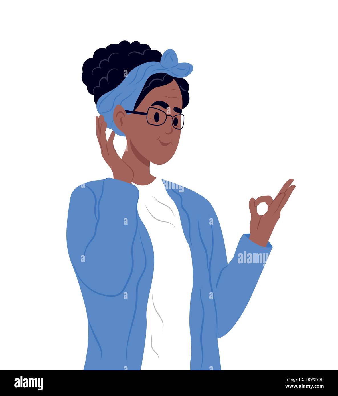 Deaf mute black elderly woman on white background. An adult learns sign ...