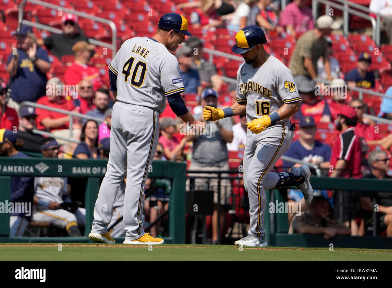 Milwaukee Brewers' Blake Perkins (16) is congratulated by third base ...