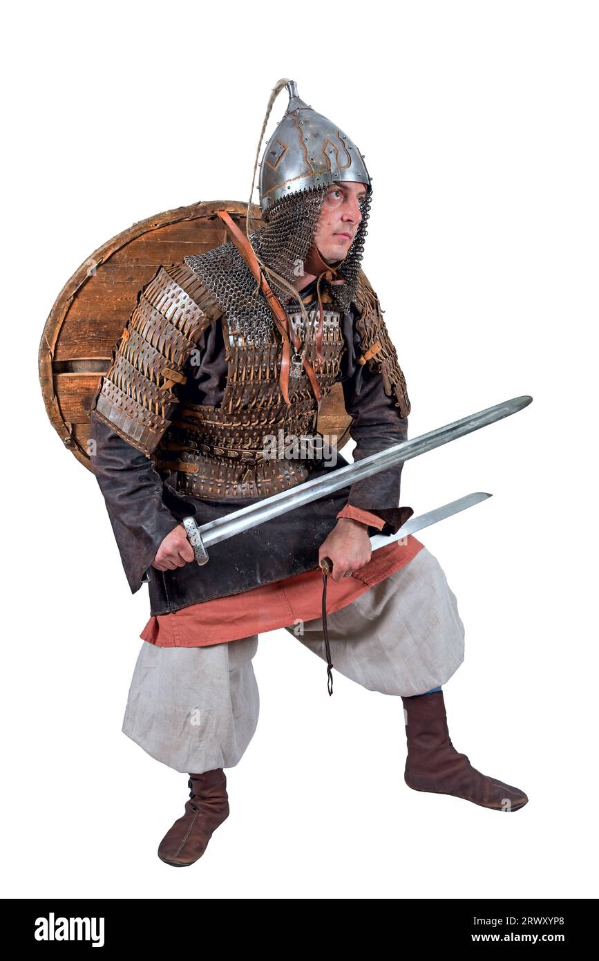 Ancient Russian combatant in armor. Isolated on white Stock Photo - Alamy