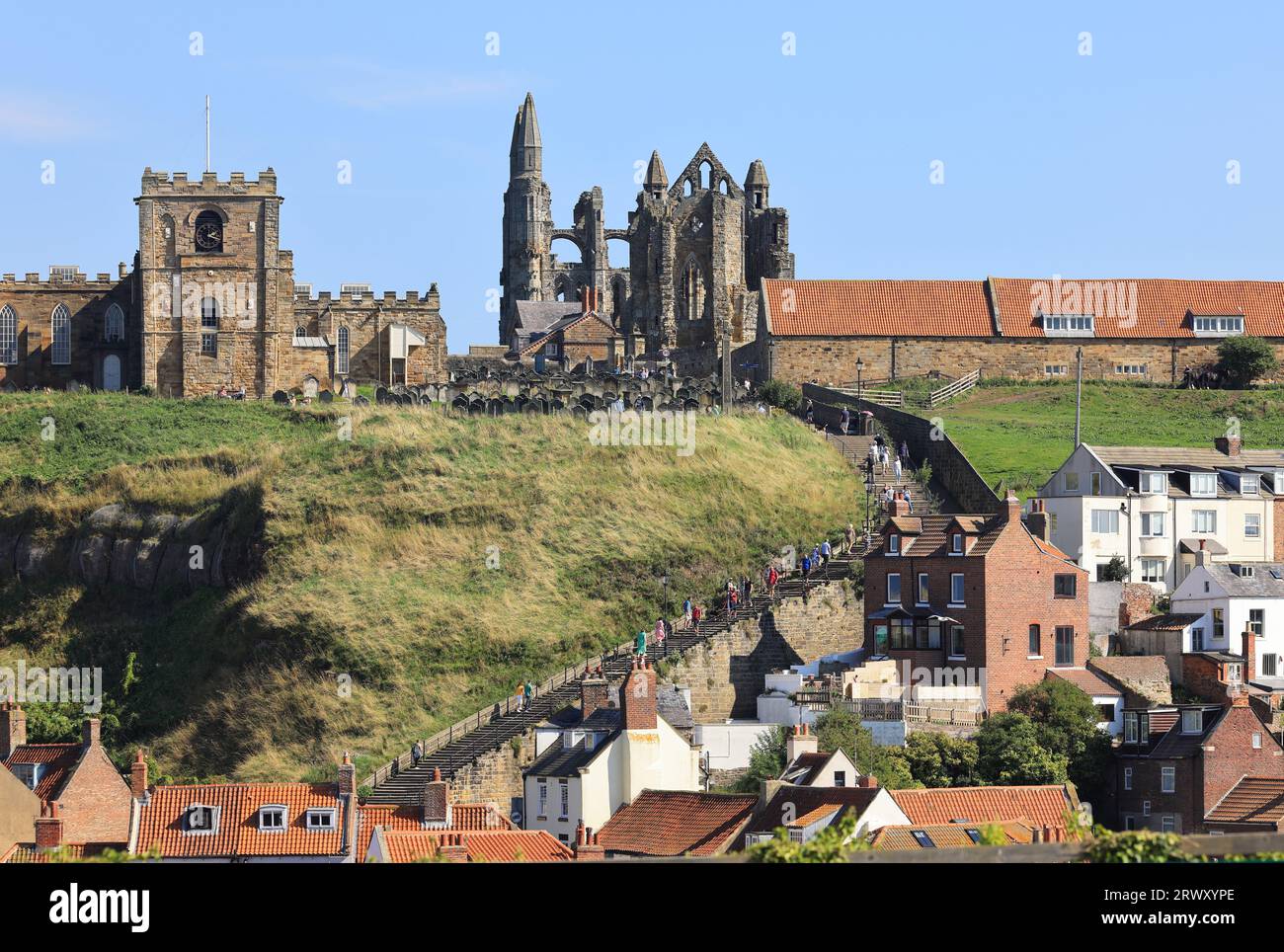 The 199 steps up to St Mary's Church & Whitby Abbey, originally used as ...
