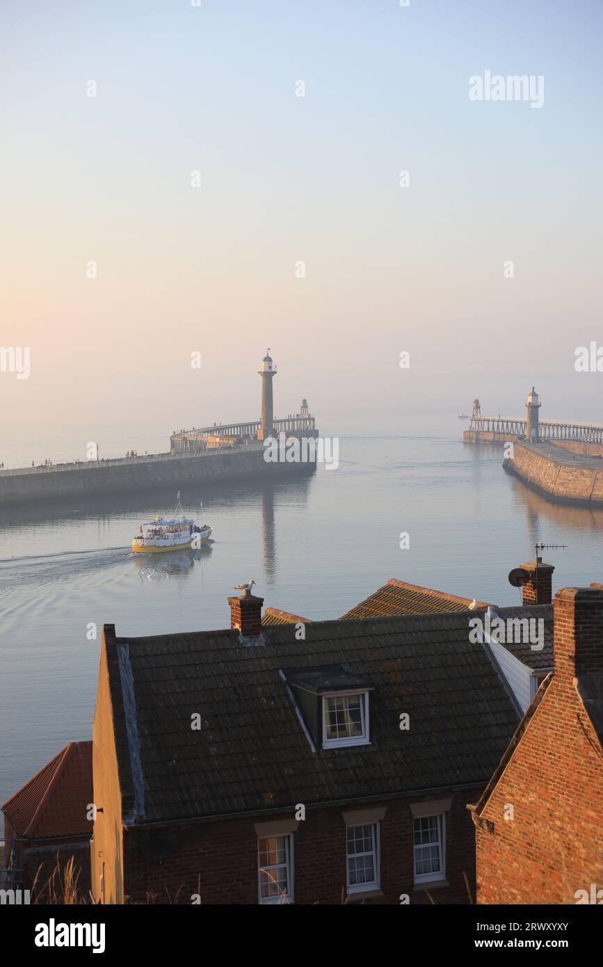 Whitby Harbour West and East Lighthouses, on the North Yorkshire coast ...