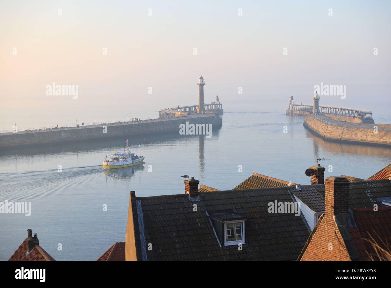 Whitby Harbour West and East Lighthouses, on the North Yorkshire coast ...