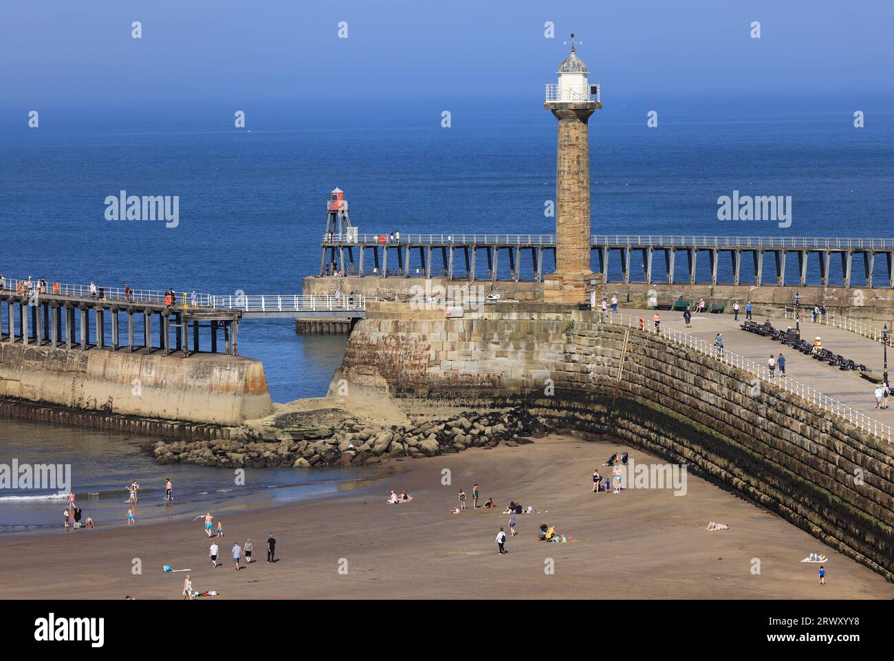 Whitby Harbour West and East Lighthouses, on the North Yorkshire coast ...