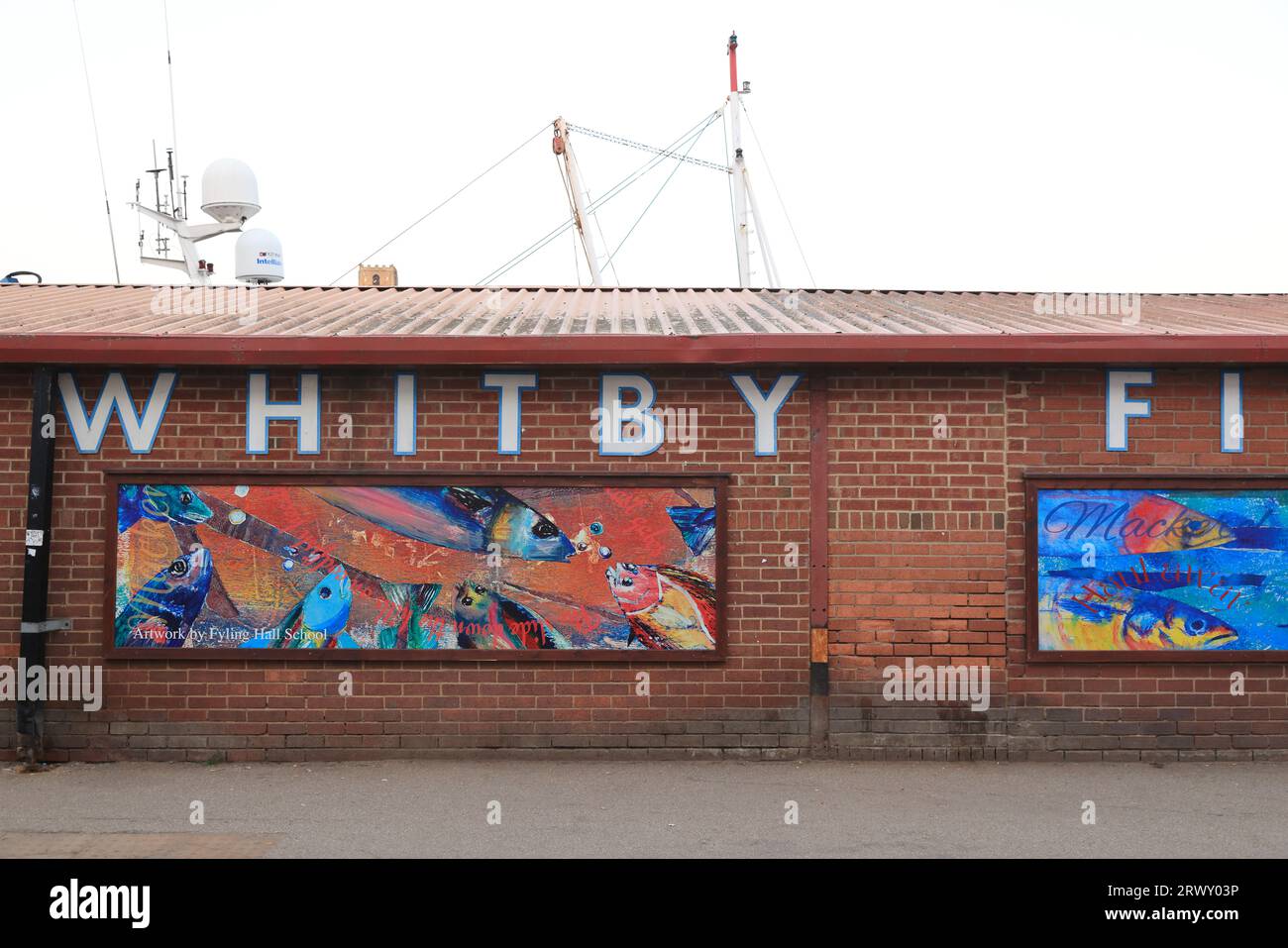 Artwork for the fish market on the harbour in Whitby in North Yorkshire ...