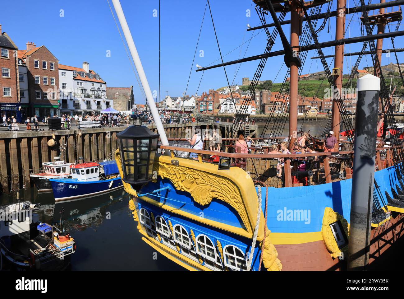 Replica of The Endeavour, in Whitby harbour, famous for taking ...