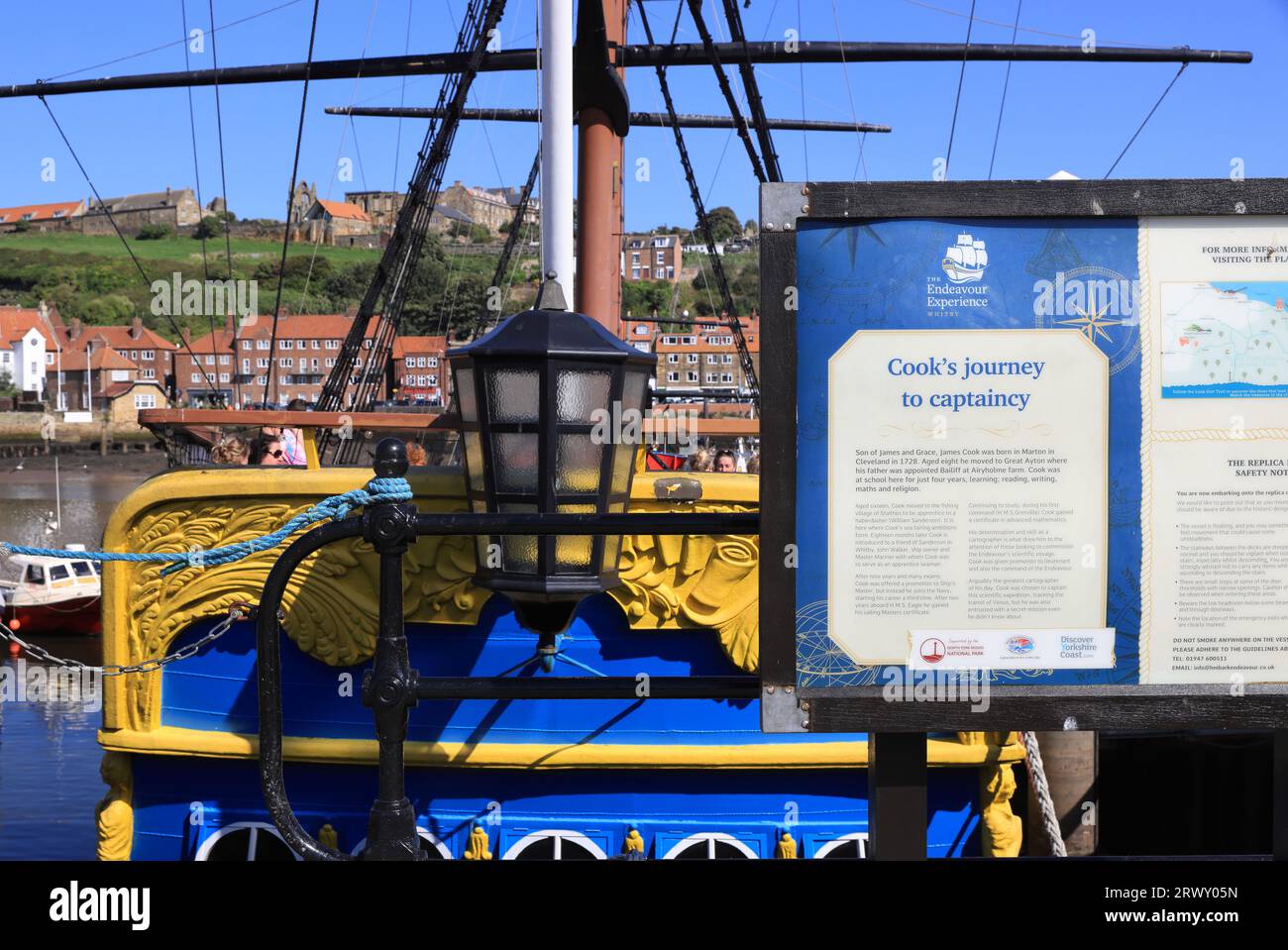 Replica of The Endeavour, in Whitby harbour, famous for taking ...