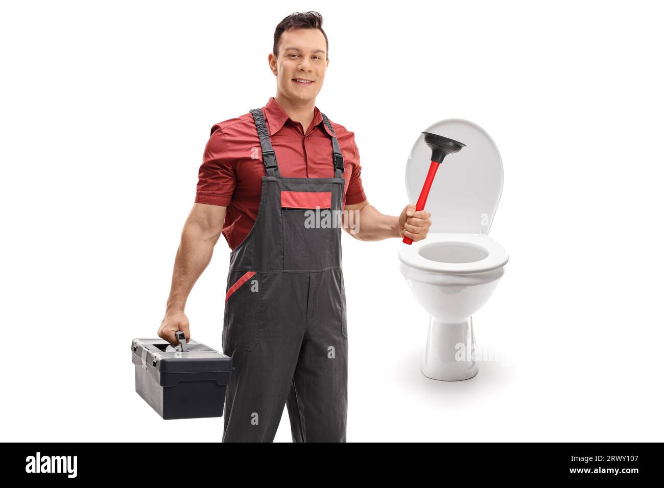 Plumber holding a tool box and a toilet plunger isolated on white ...