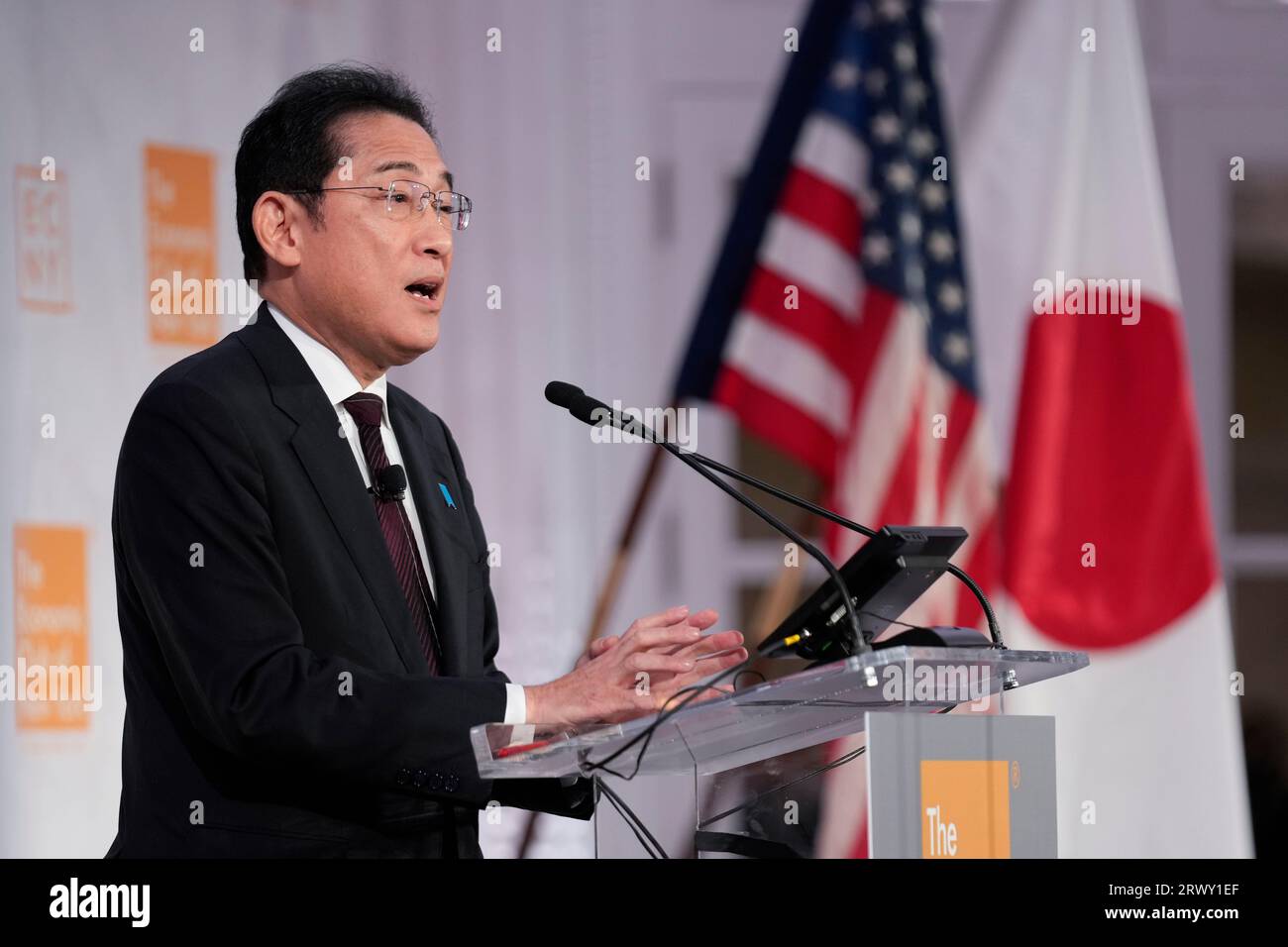 Japan Prime Minister Fumio Kishida speaks at an event hosted by the Economic Club of New York in ...