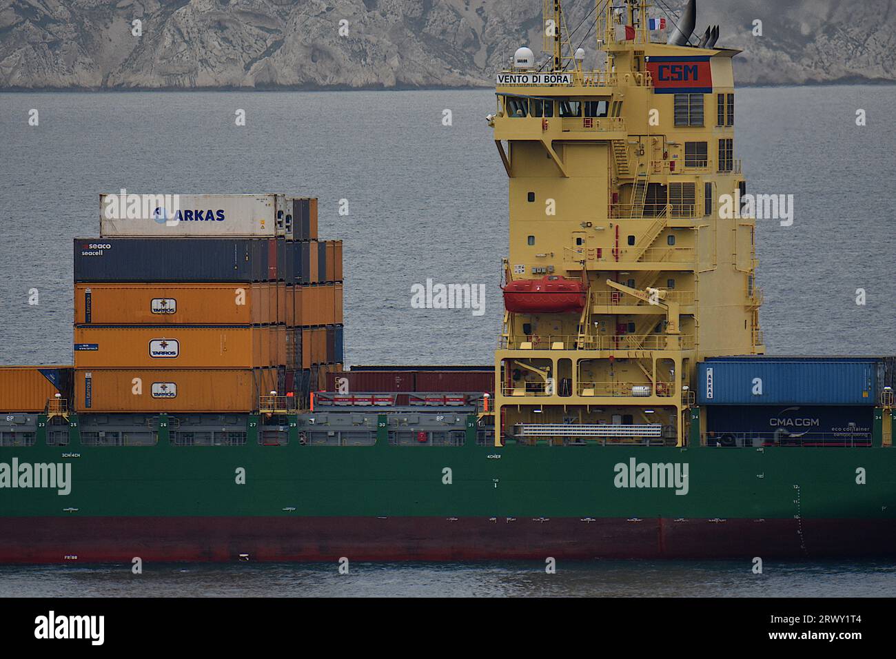 The container ship Vento di Bora arrives at the French Mediterranean ...