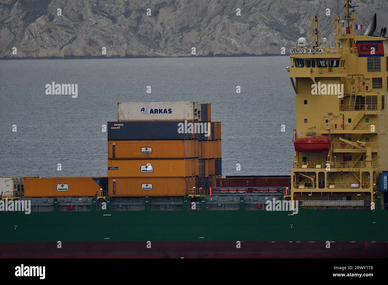 The container ship Vento di Bora arrives at the French Mediterranean ...