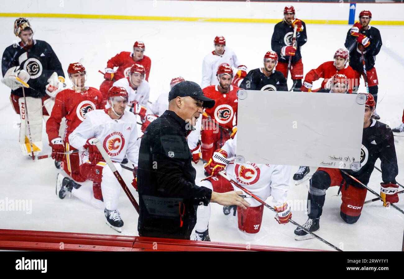 Calgary Flames' head coach Ryan Huska gives instruction during NHL ...