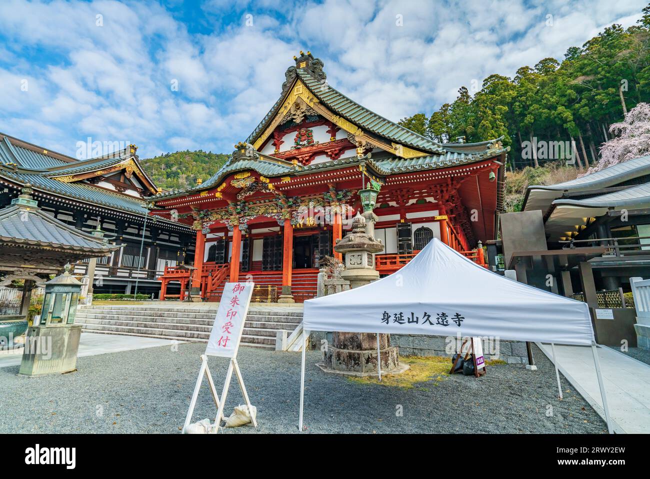 Minobu-san Kuon-ji Temple with weeping cherry blossoms Stock Photo - Alamy