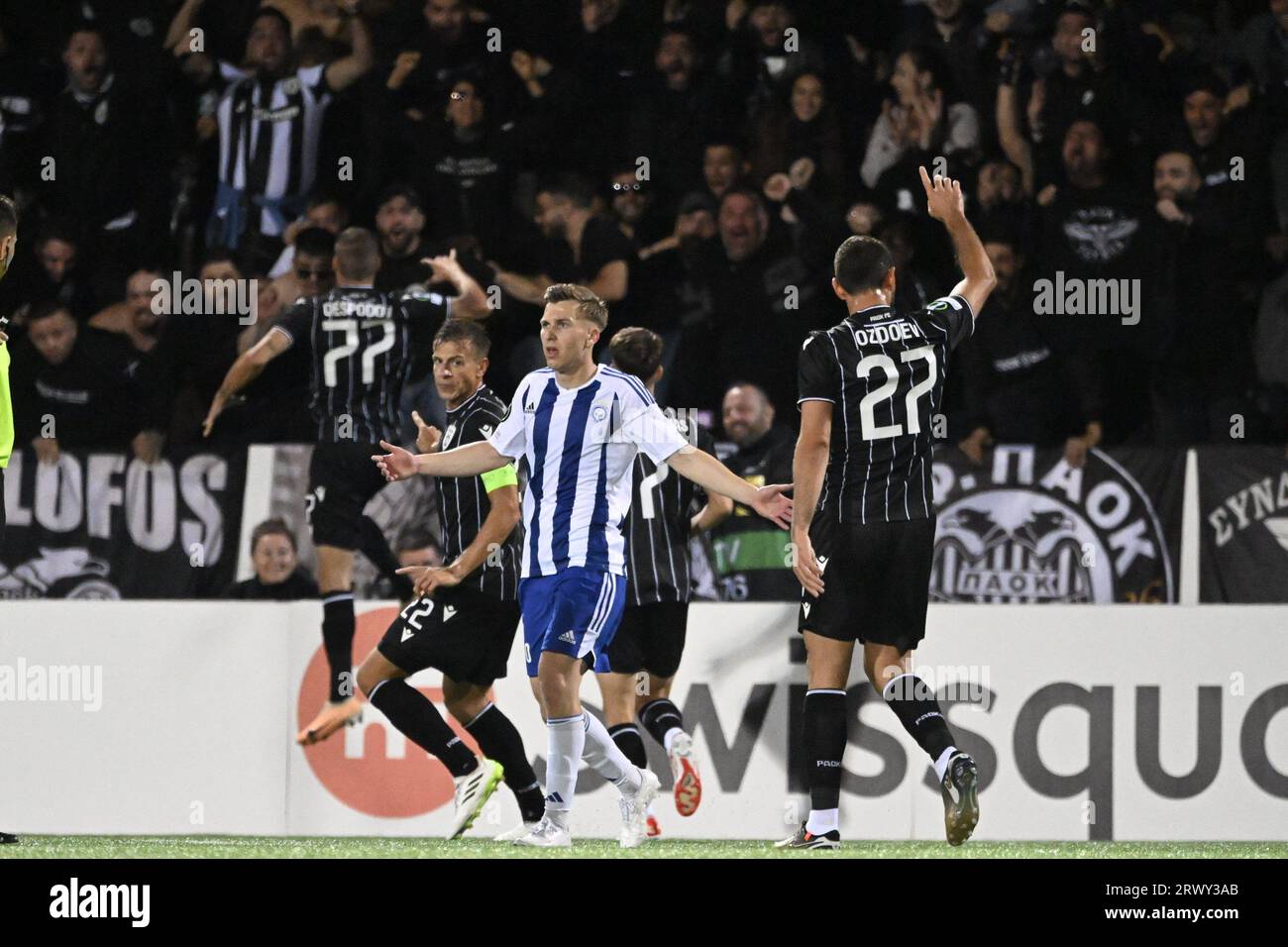 Helsinki, Finland. 21st Sep, 2023. Lucas Lingman of HJK (C) with PAOK ...