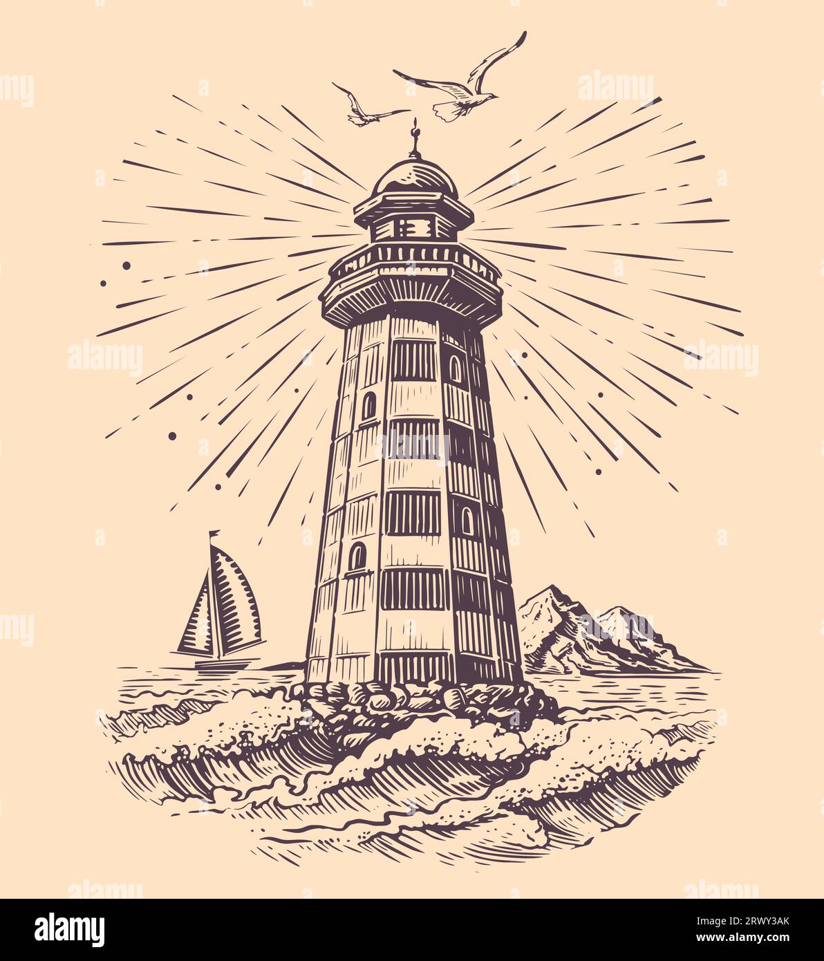 Hand drawn seascape in engraving style. Lighthouse and sailboat at sea ...