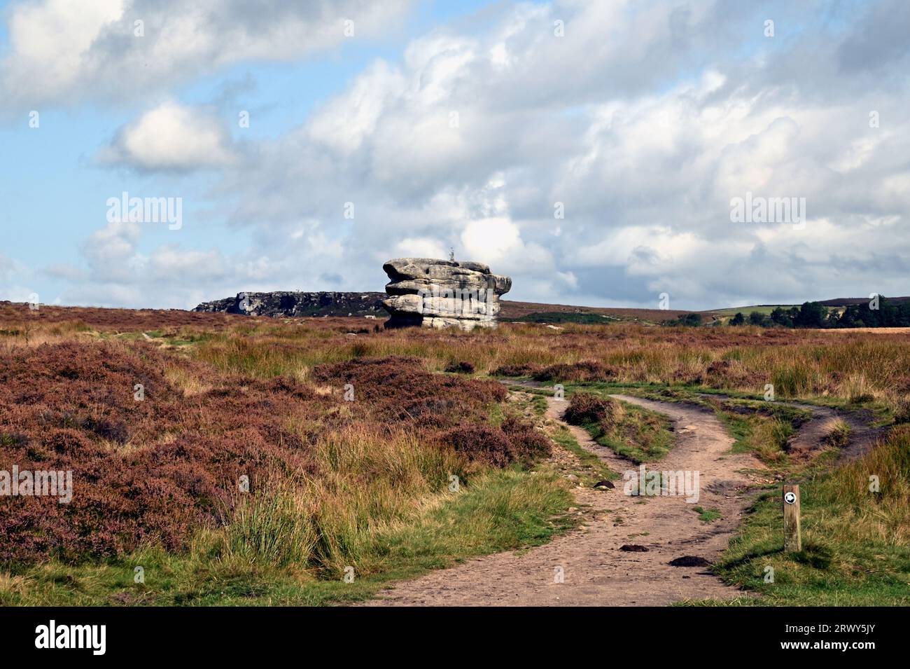 Distant view of The Eaglestone, a gritstone outcrop on the Derbyshire ...