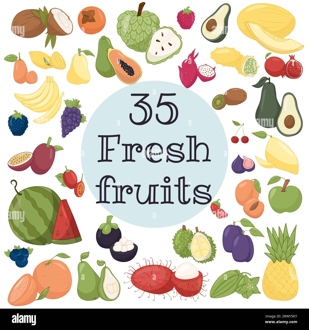 Healthy food frame vector illustration. 35 Fruits set illustration ...