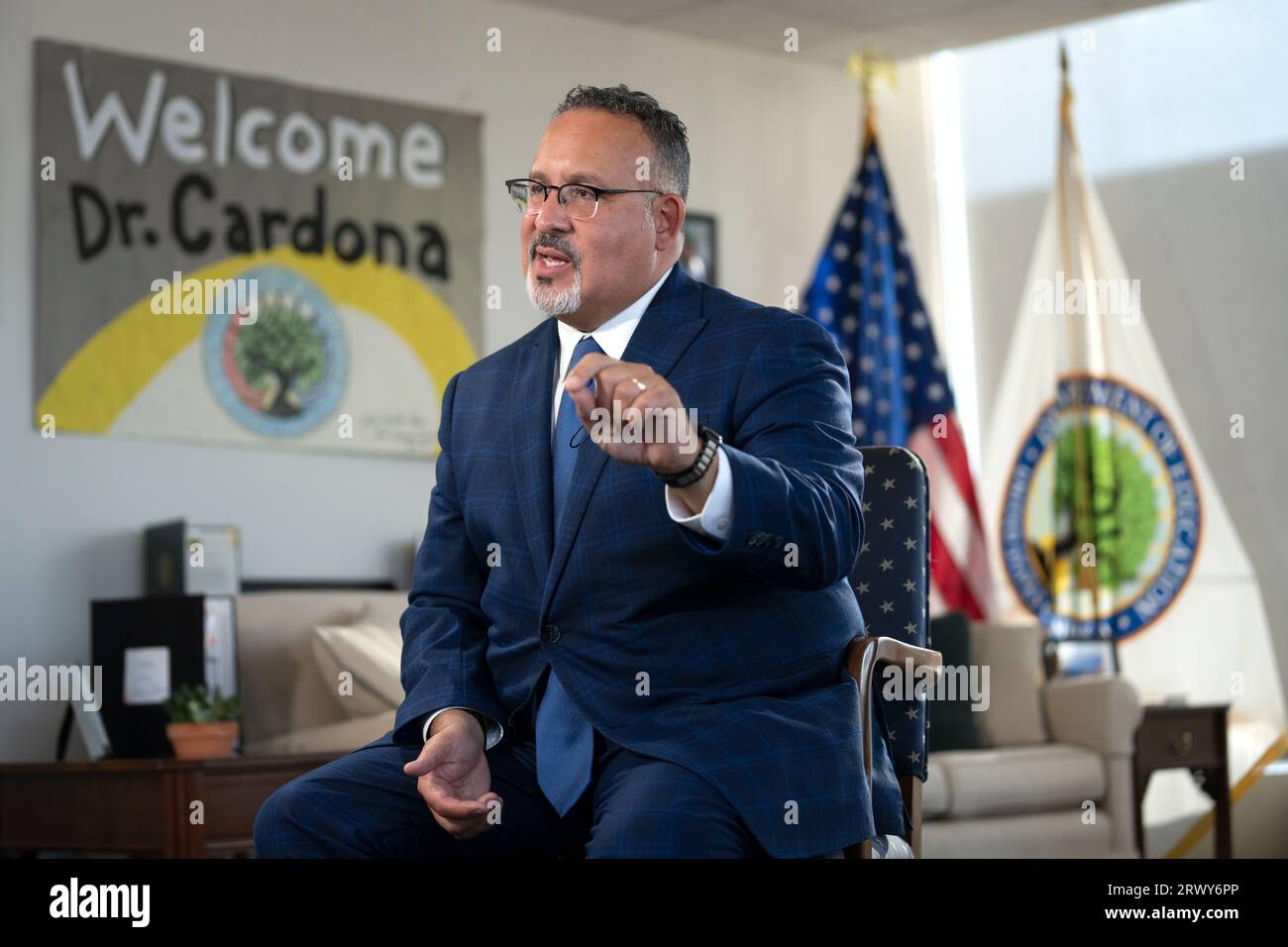 Education Secretary Miguel Cardona speaks during an interview with The ...