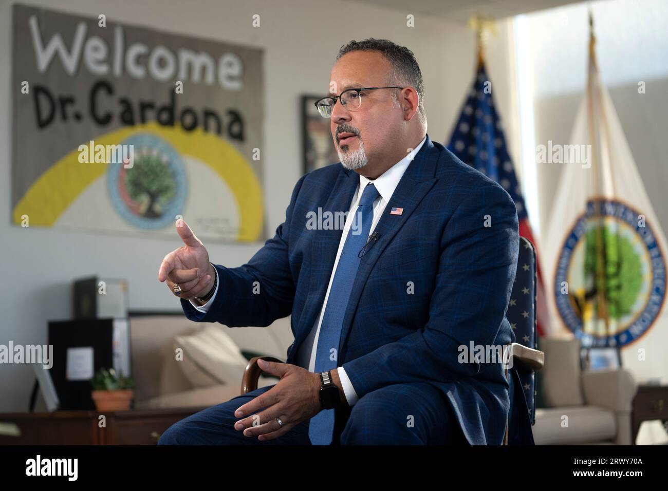 Education Secretary Miguel Cardona speaks during an interview with The ...
