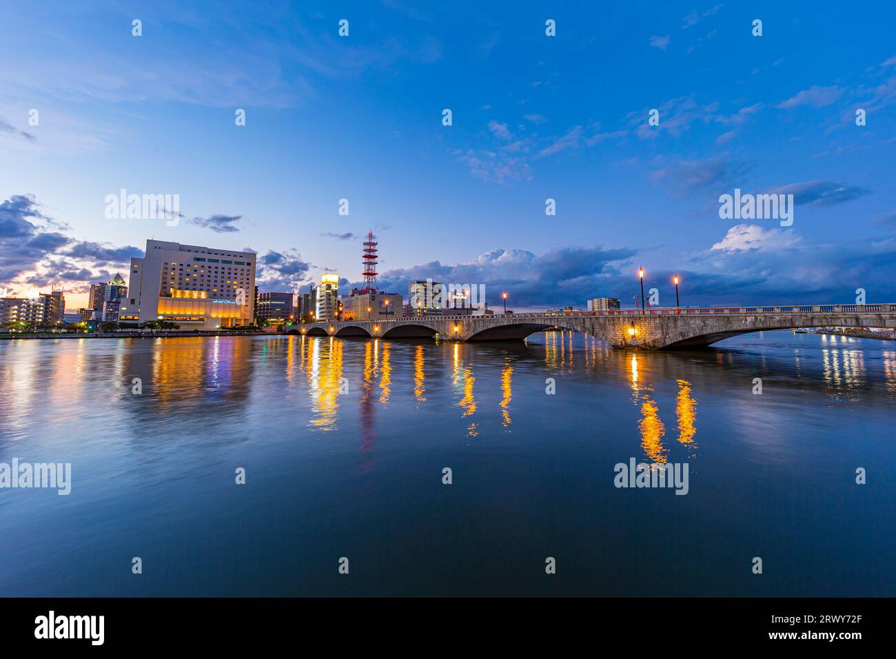 Bandai Bridge at dusk and the bridge-side lights illuminating the ...