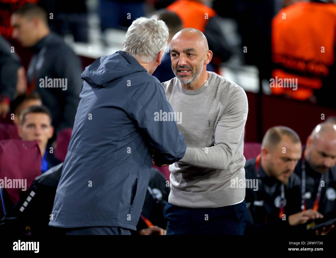 West Ham United manager David Moyes (left) shakes hands with TSC Backa ...