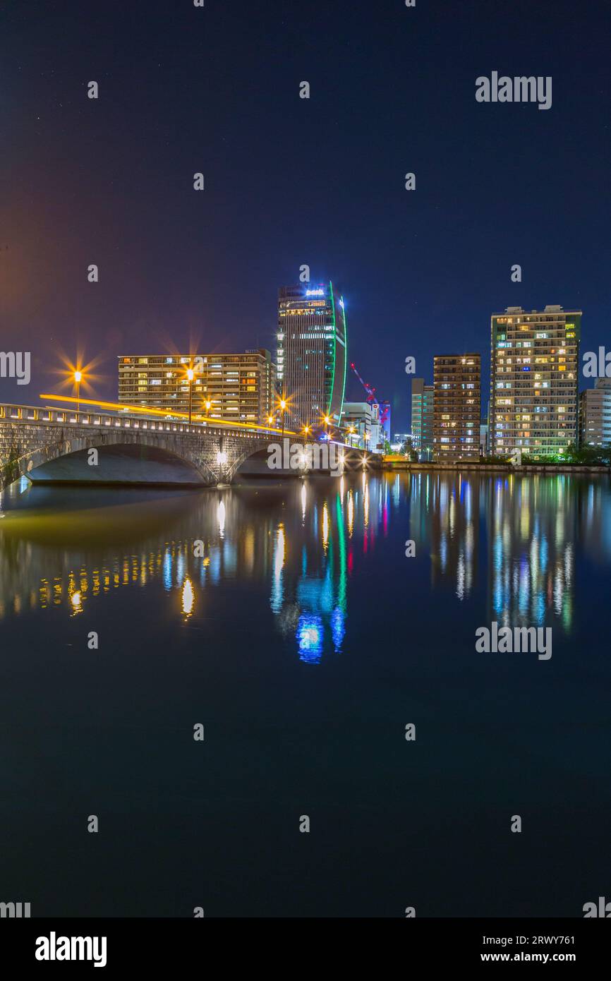 Media Tower and Bandai Bridge with beautiful arch in the night view of ...