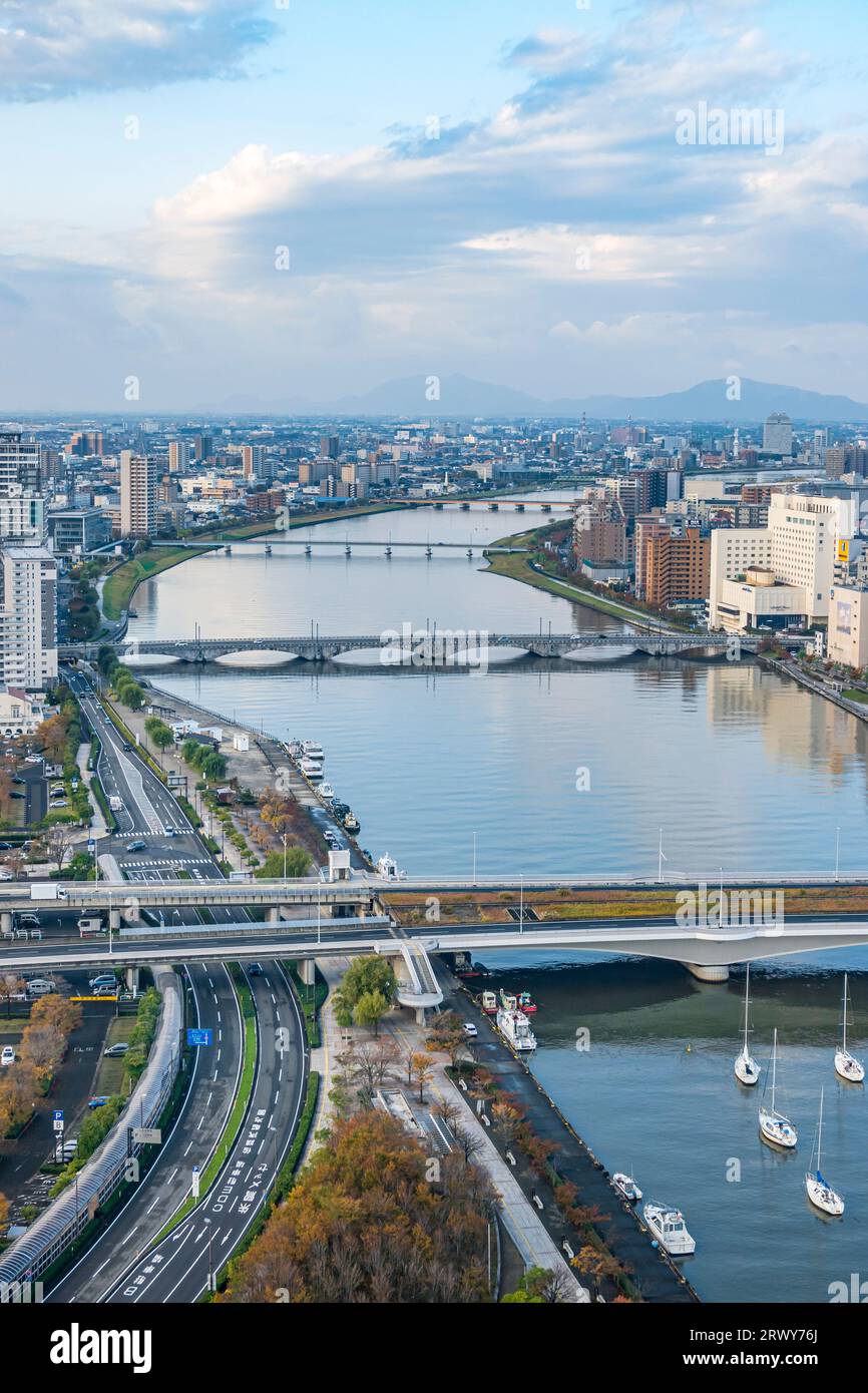 Historic Bandai Bridge and early morning scenery along Niigata Shinano ...