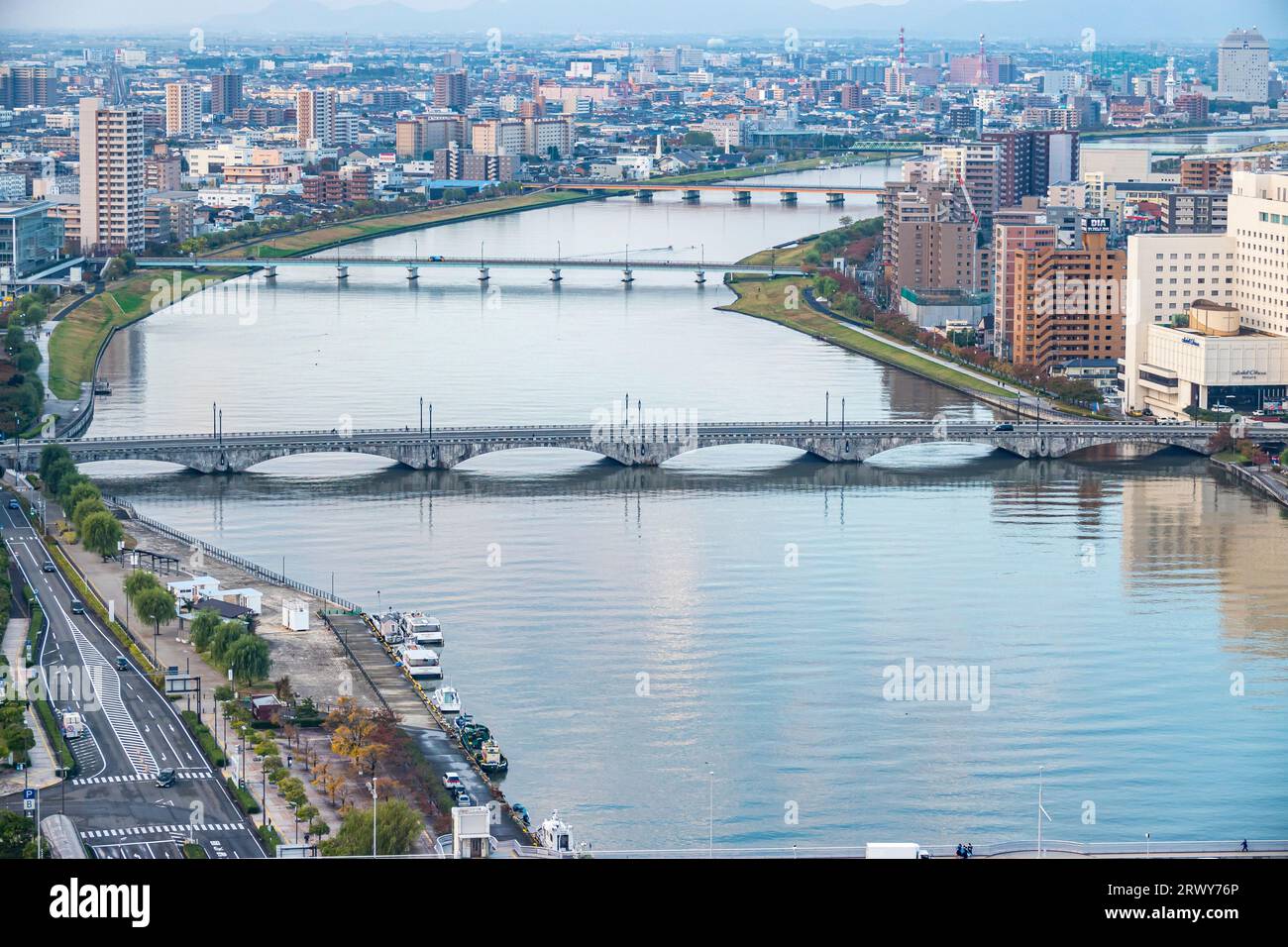 Historic Bandai Bridge and early morning scenery along Niigata Shinano ...