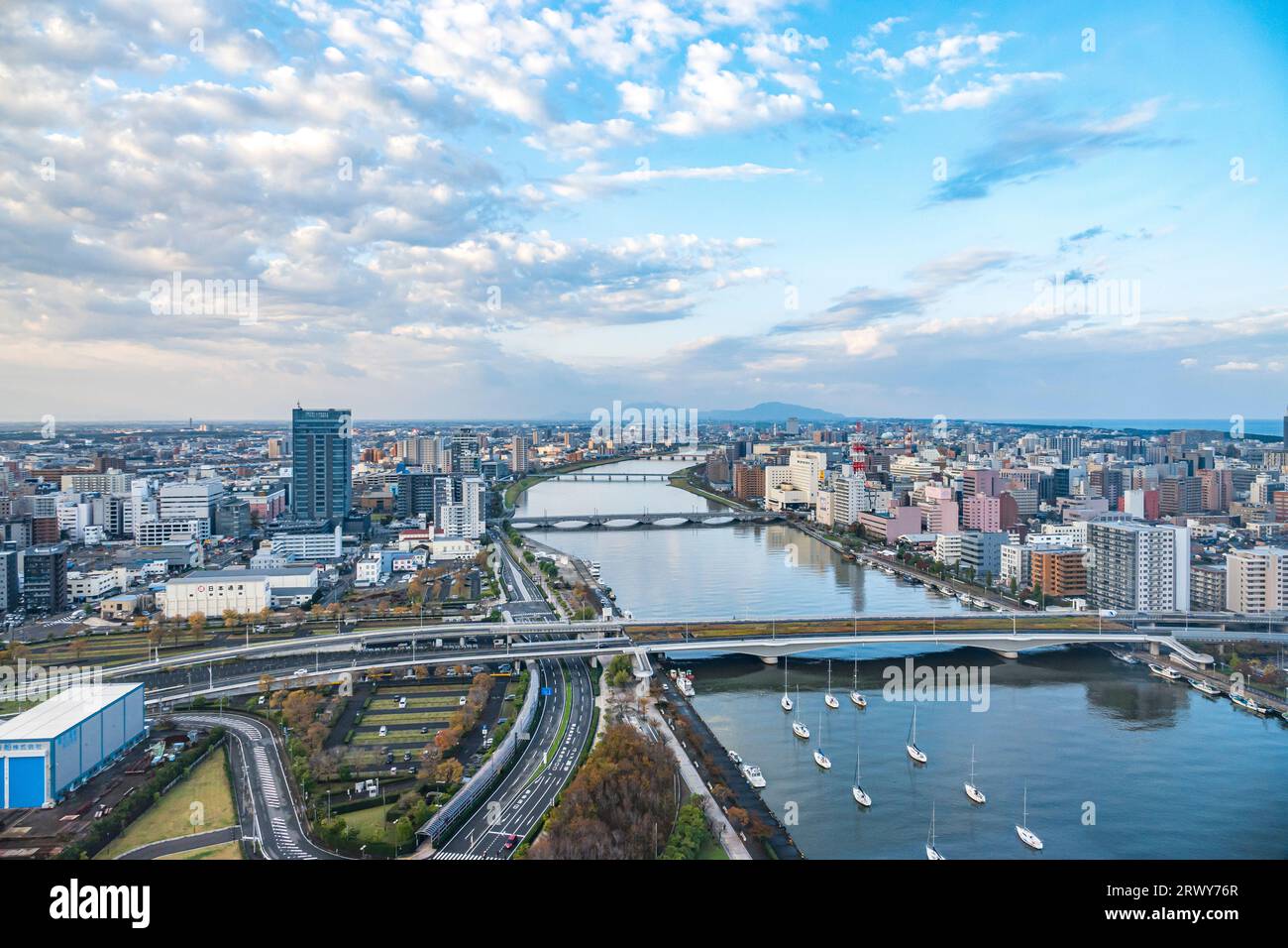 Historic Bandai Bridge surrounded by streetscapes along Niigata Shinano ...
