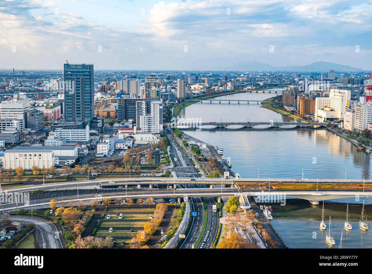 Historic Bandai Bridge surrounded by streetscapes along Niigata Shinano ...