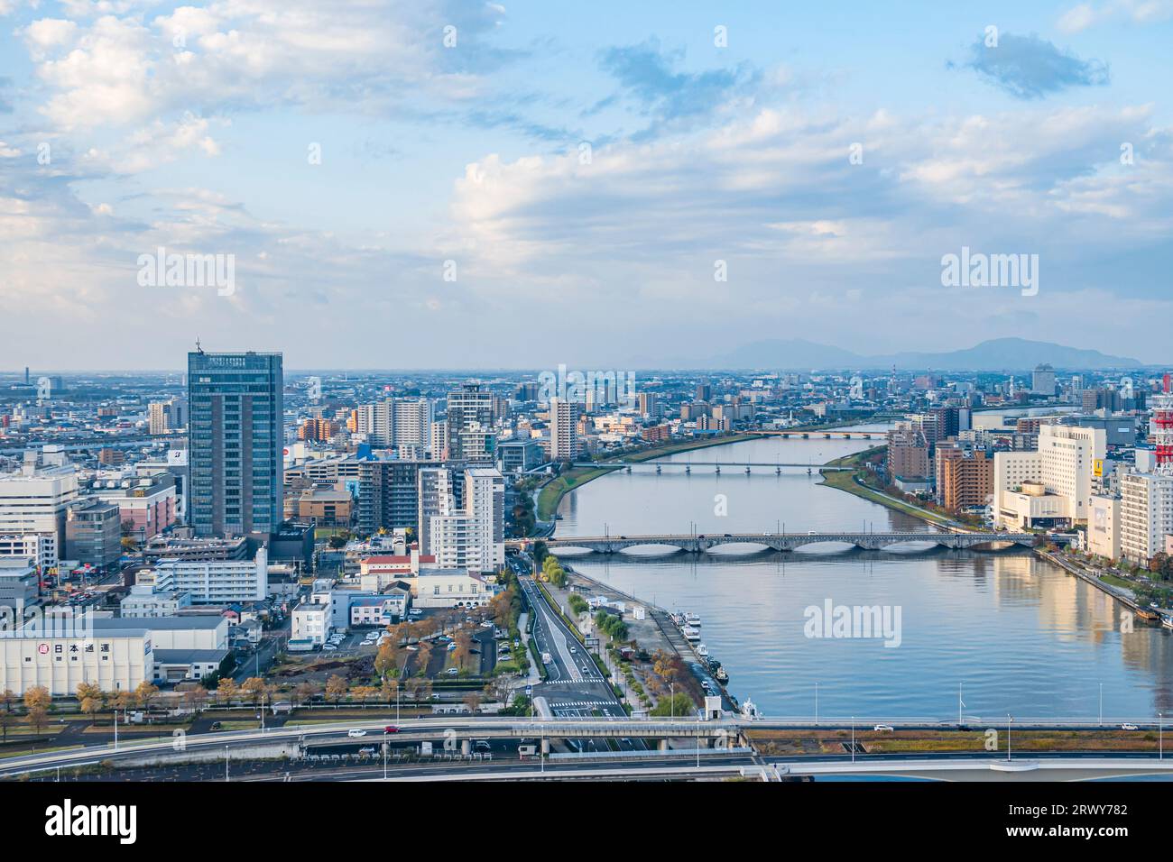 Historic Bandai Bridge surrounded by streetscapes along Niigata Shinano ...
